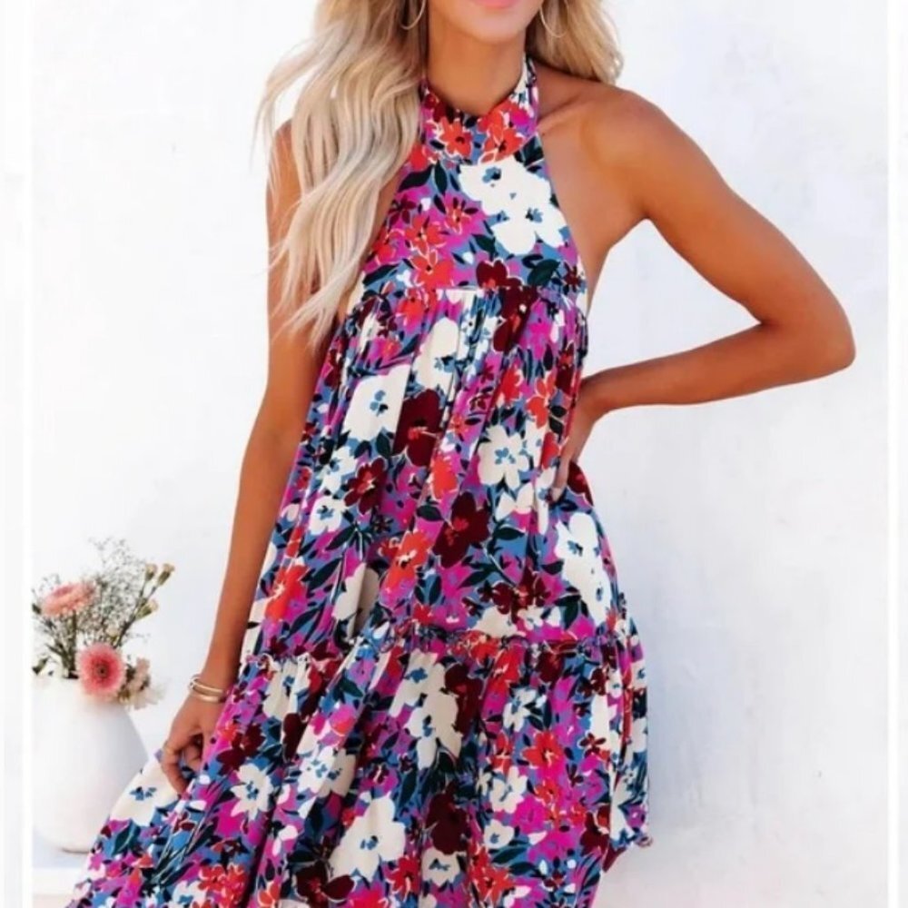 Vici Map Of Spring Floral Halter Backless Swing Dress… - Gem